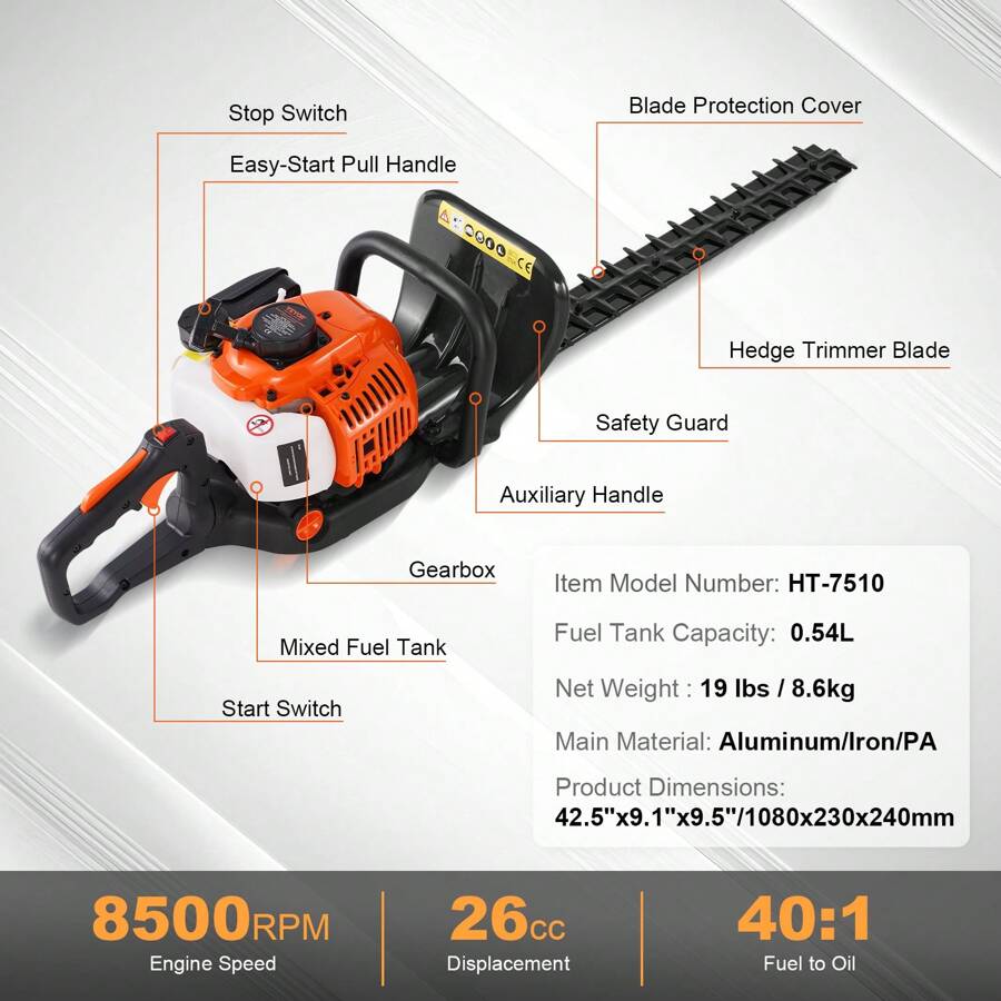VEVOR 23.2-Inch 26CC 2 Cycle Gas Hedge Trimmer, Gas Powered Handheld Hedge Trimmer With Dual ...