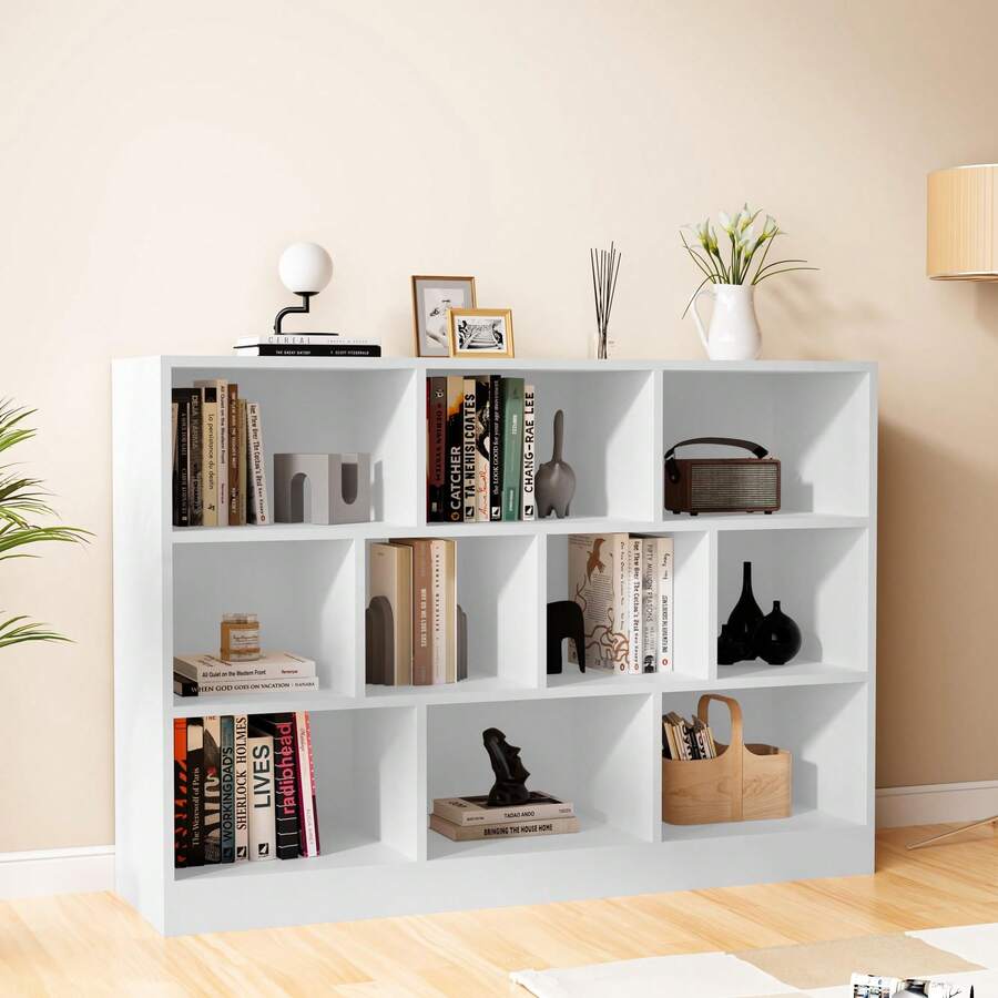 GladGrid Wood Bookshelf, 3-Tier Open Shelf Bookcase, 10 Cube Storage ...
