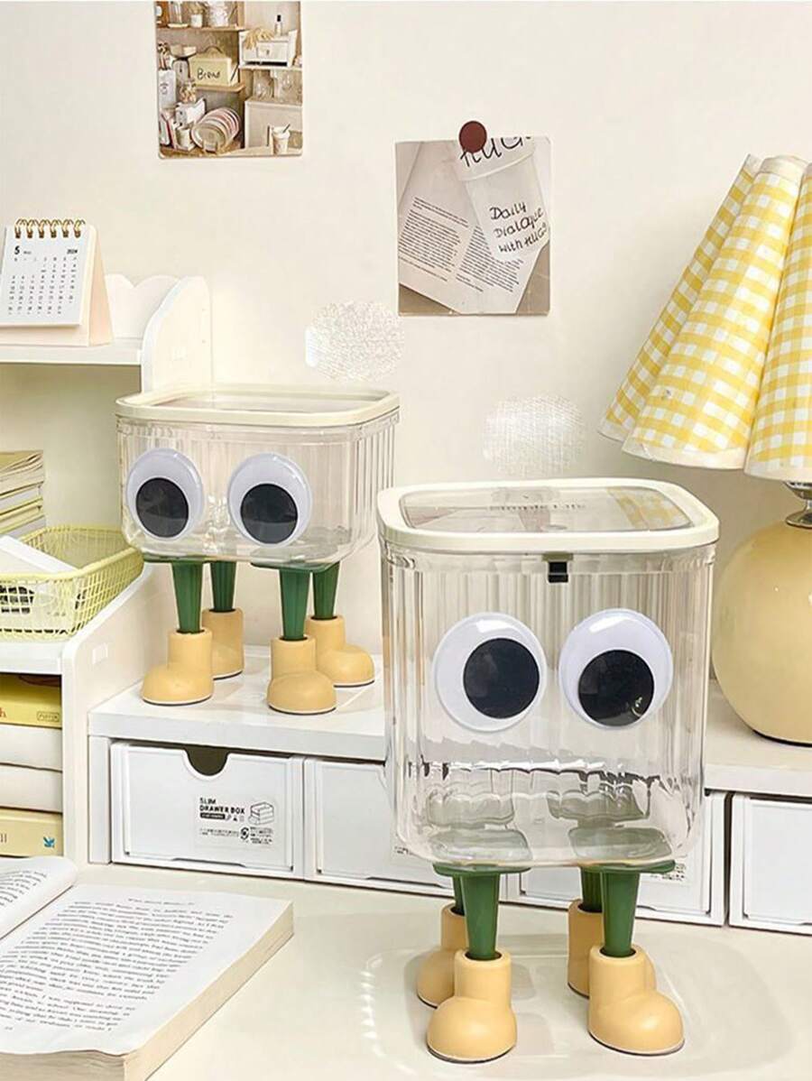 1Pc Cute Cartoon Mini Trash Can, Transparent Plastic Waste Bin With Lid ...