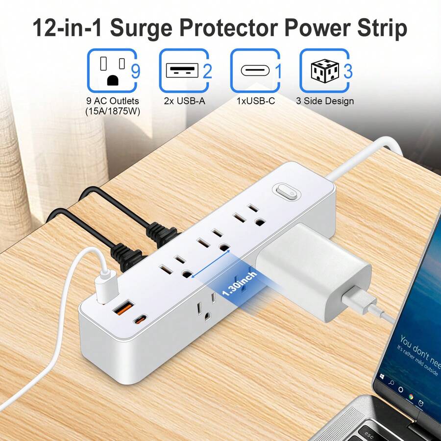 1pc Desktop Computer Power Strip With 9 Outlets, 3 USB Ports (1 USB C ...