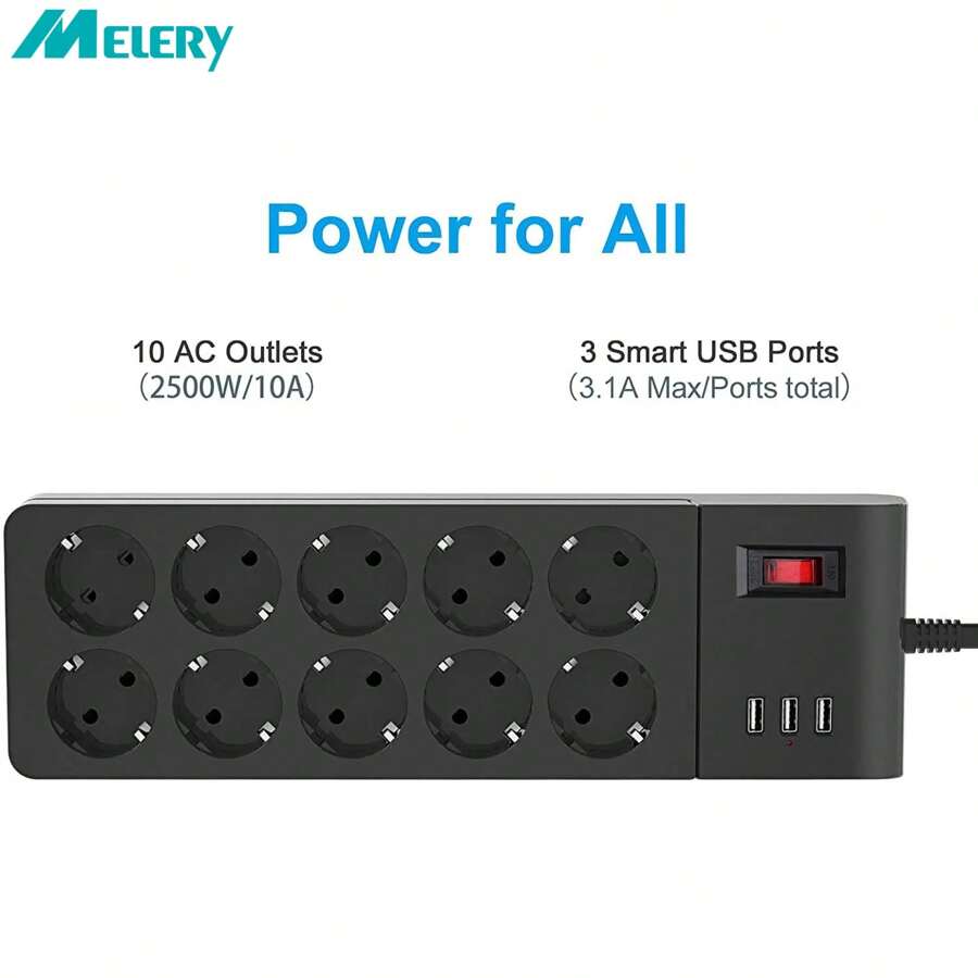 One Black European Standard Power Strip With 10 Slots For Germany ...