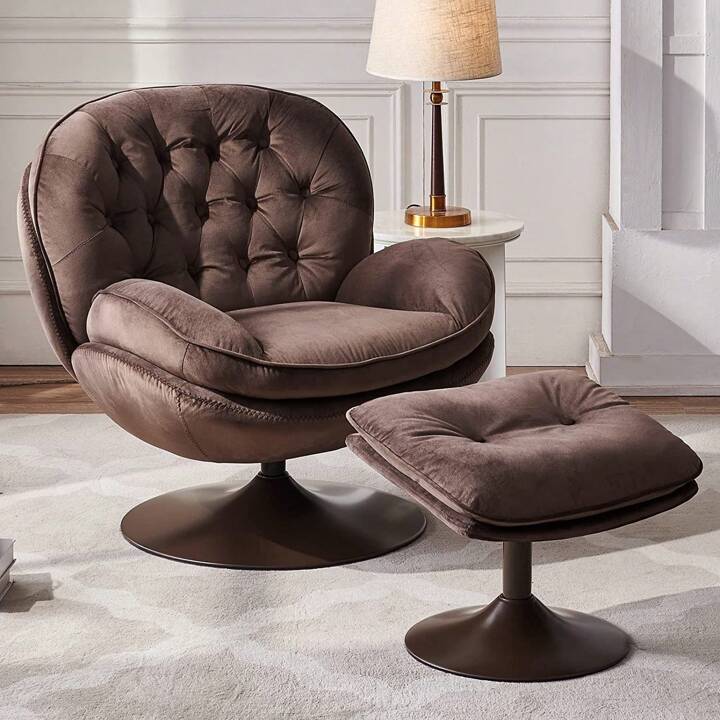 ELIASER Velvet Swivel Accent Chair With Ottoman Lounge Chair Comfy Reading Chair With Foot Stool Cozy Round Modern Accent Chair Ottoman Set 360 Swiveling Metal Base Frame Footrest For Living Room SHEI...