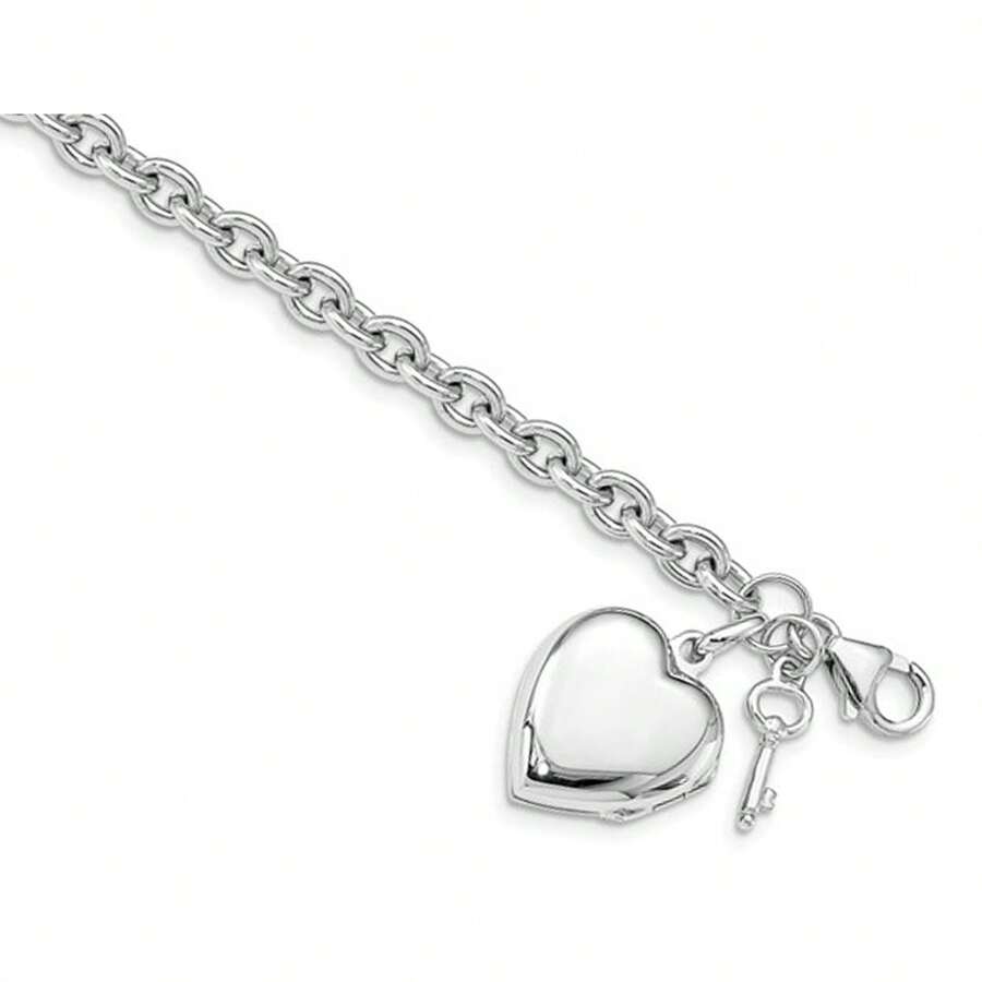 Gem And Harmony Sterling Silver Puffed Heart Locket Bracelet With Keys ...
