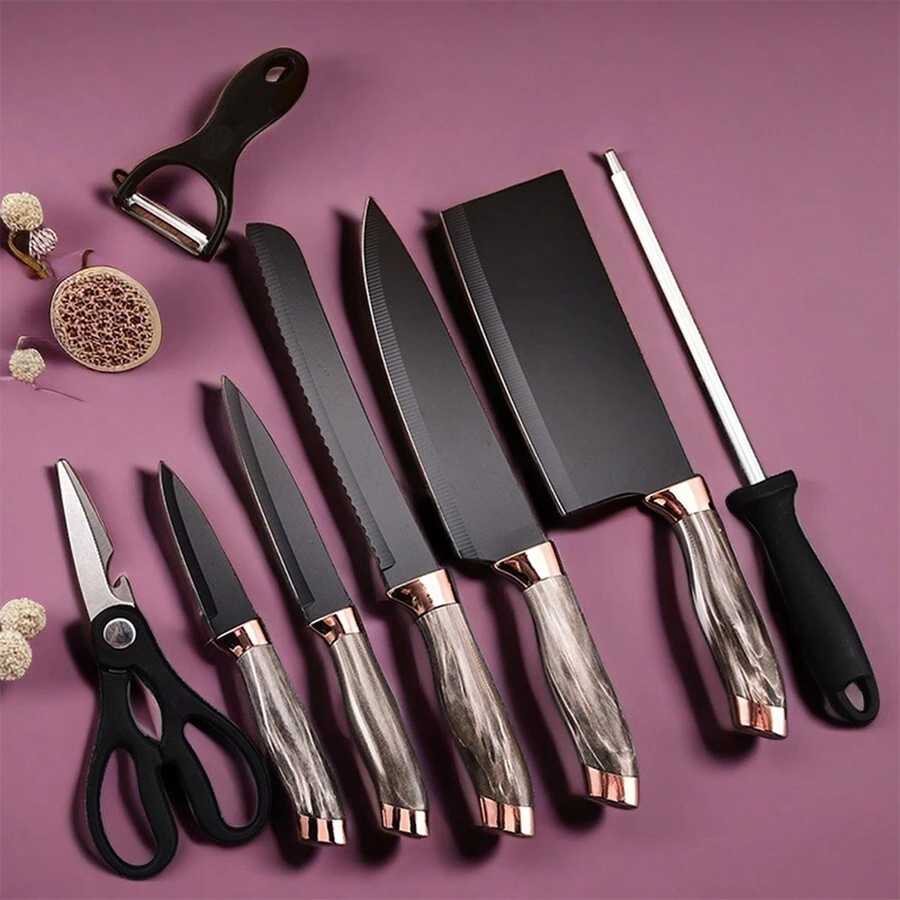 Nine-Piece Kitchen Knife Set With Knife Holder, Stainless Steel Kitchen ...