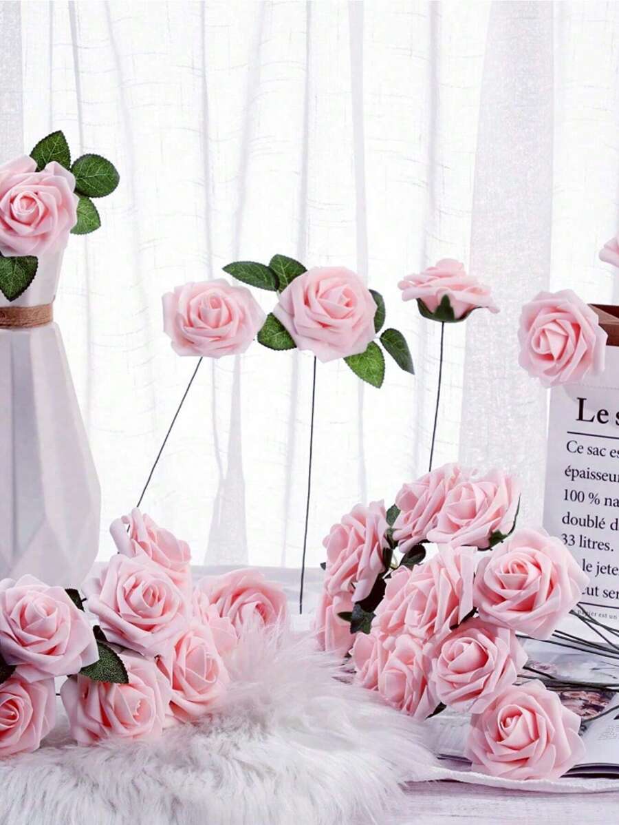 25Pcs Red And Pink Artificial Roses With Stems, Red Rose Fake Flower ...