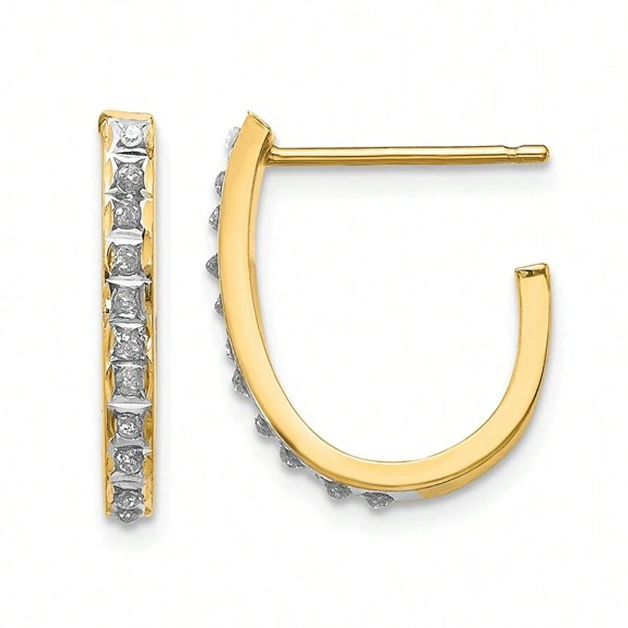Gem And Harmony 14K Yellow Gold J Hoop Earrings With Diamond Accents | SHEIN USA