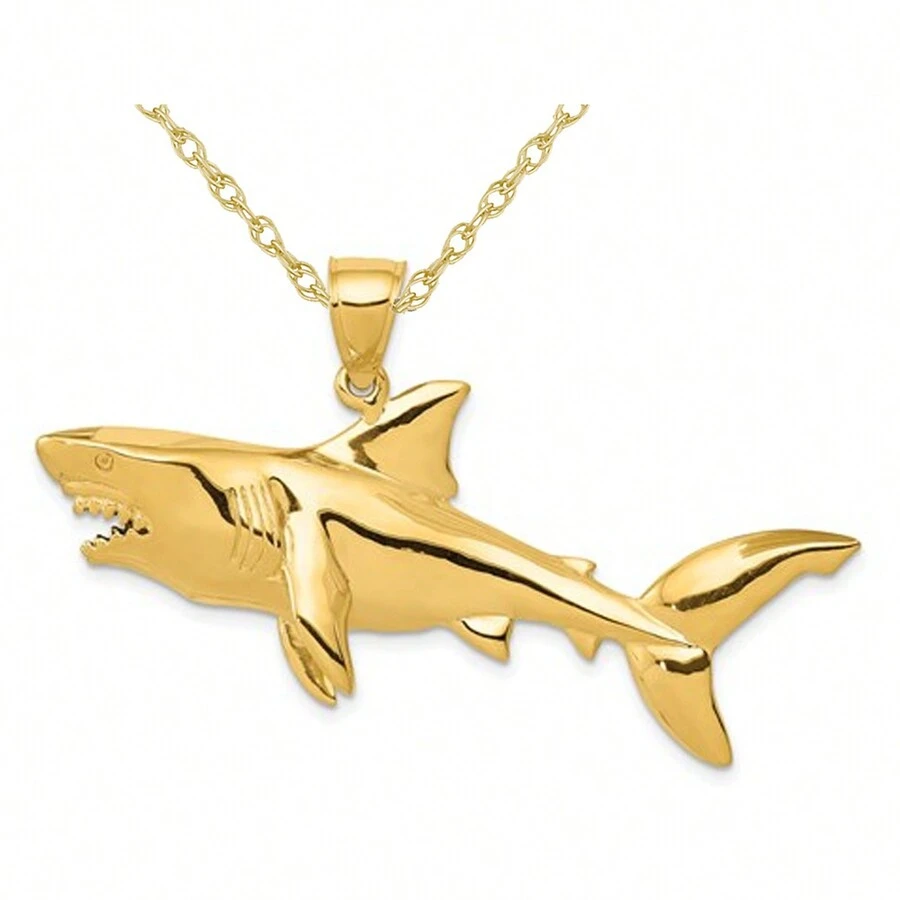 Gem And Harmony Large Shark Charm Pendant Necklace In 14K Yellow Gold ...