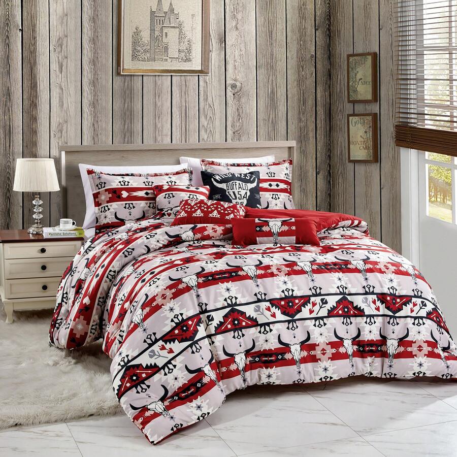 ESCA 7-Piece Opa Red Blue Western Bull Skull Comforter Set - Southwest ...