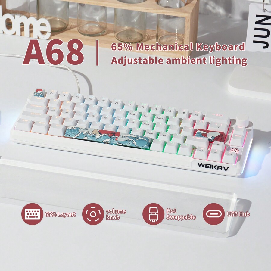 A68 White Hot Swappable Mechanical Keyboard 68 Keys Backlit RGB Gaming ...