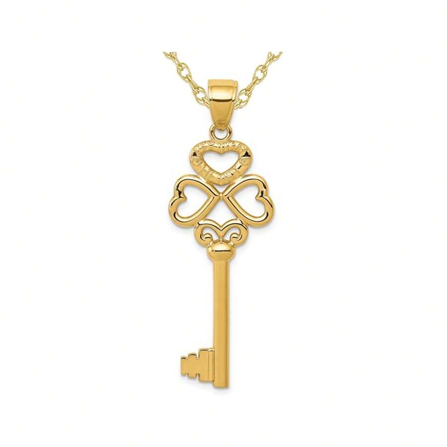 Gem And Harmony 14K Yellow Gold Triple Heart Key Pendant Necklace With ...