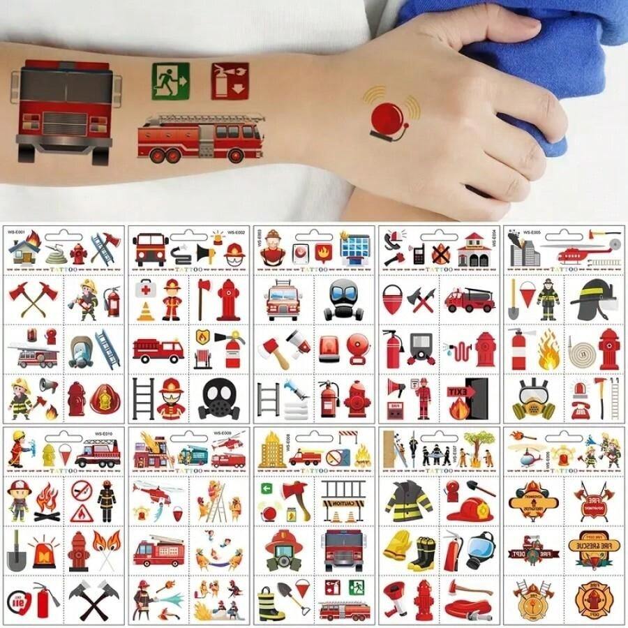 10 Sheets Cartoon Fire Fighting Series Pattern Of Temporary Tattoo ...