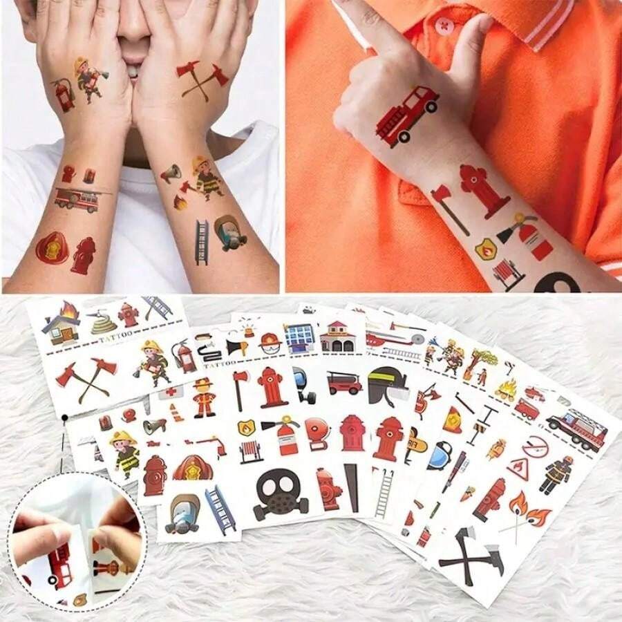 10 Sheets Cartoon Fire Fighting Series Pattern Of Temporary Tattoo ...