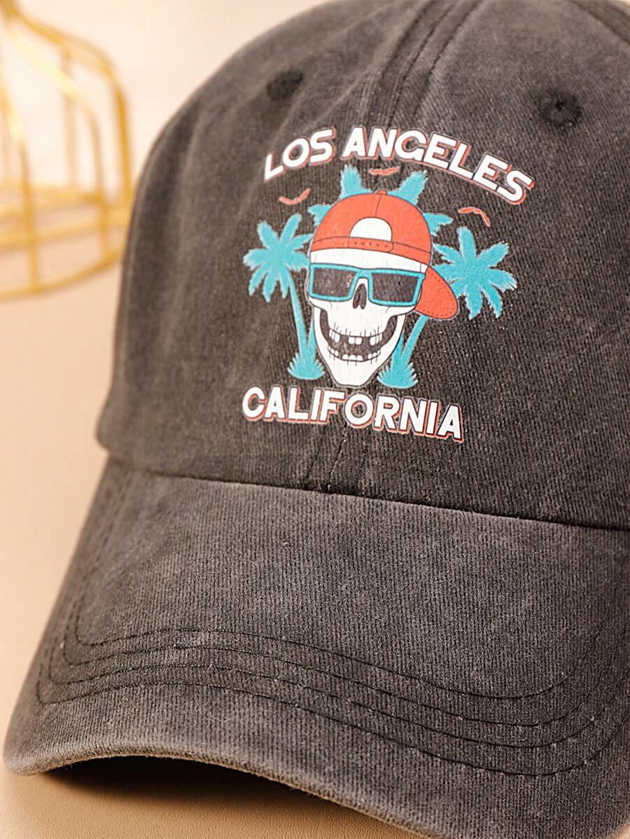 LOS ANGELES CALIFORNIA Skull & Palm Tree Printed Sunwashed Distressed ...