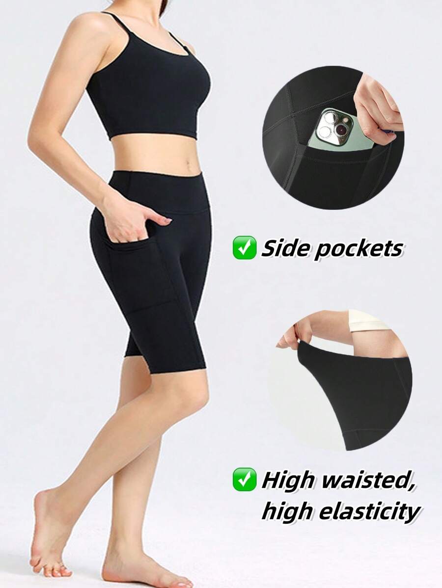 High-Waisted Five-Point Yoga Fitness Shorts With Side Pockets, Stretchy ...