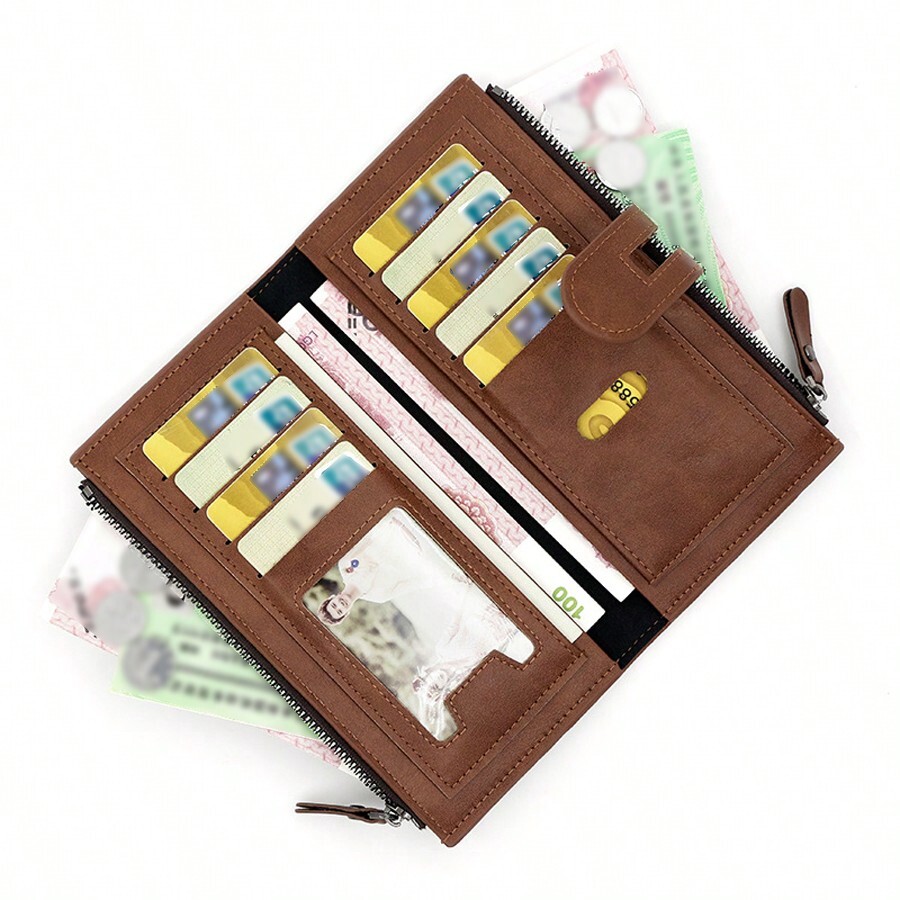 Bifold Wallet With Dual Zipper Foldable PU Leather Coin Multi-Card ...
