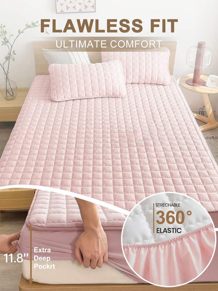 1pc Quilted Fitted Sheet, Solid Color Mattress Protector, All-Round ...