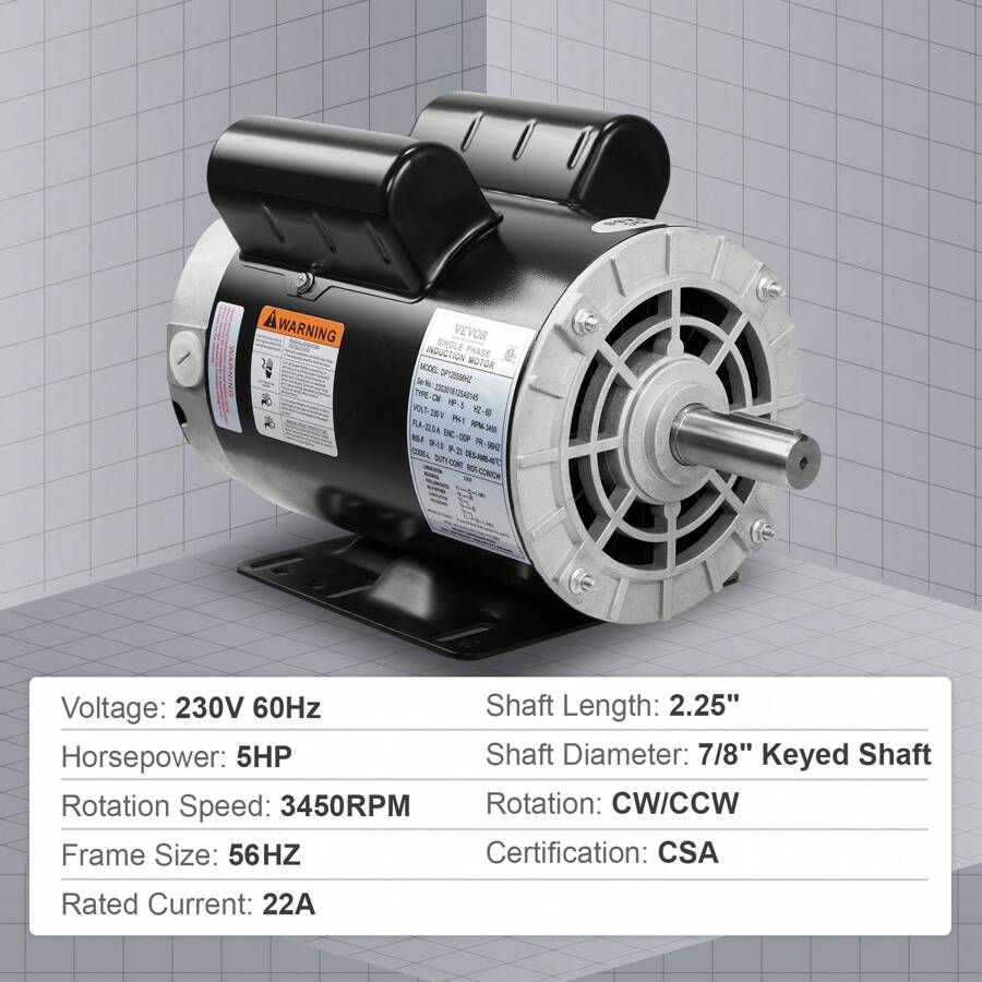VEVOR VEVOR 5HP Air Compressor Motor 230V 22 Amps Electric Motor 3450RPM 56HZ Frame 7 8 Keyed ...