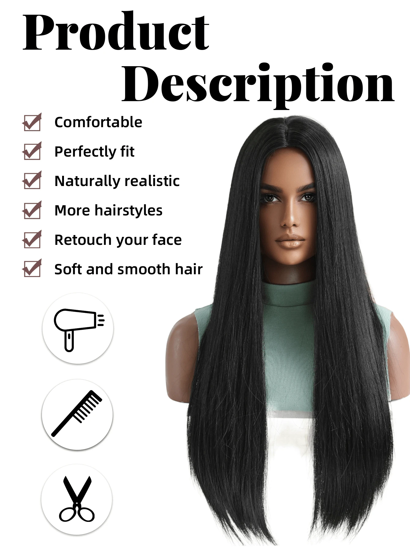 Black Middle Split Long Straight Wig Full Mechanism Synthetic Heat ...