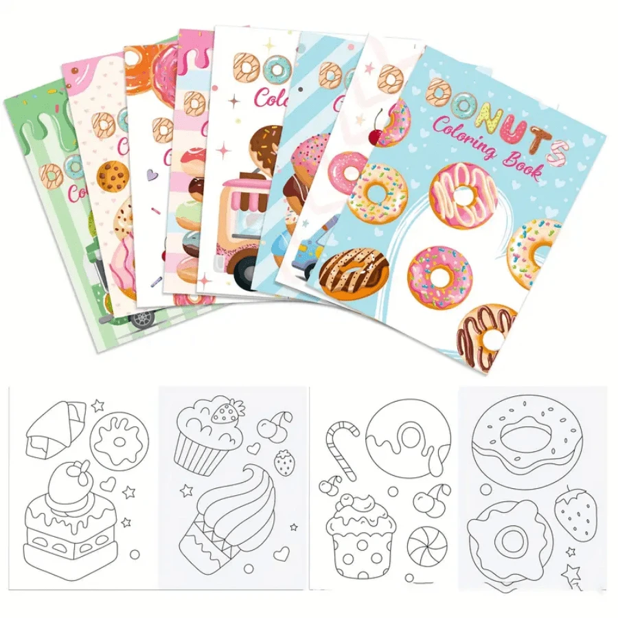 8pcs Donut-Themed Coloring Book Set For Kids - DIY Sweet Cartoon Color ...