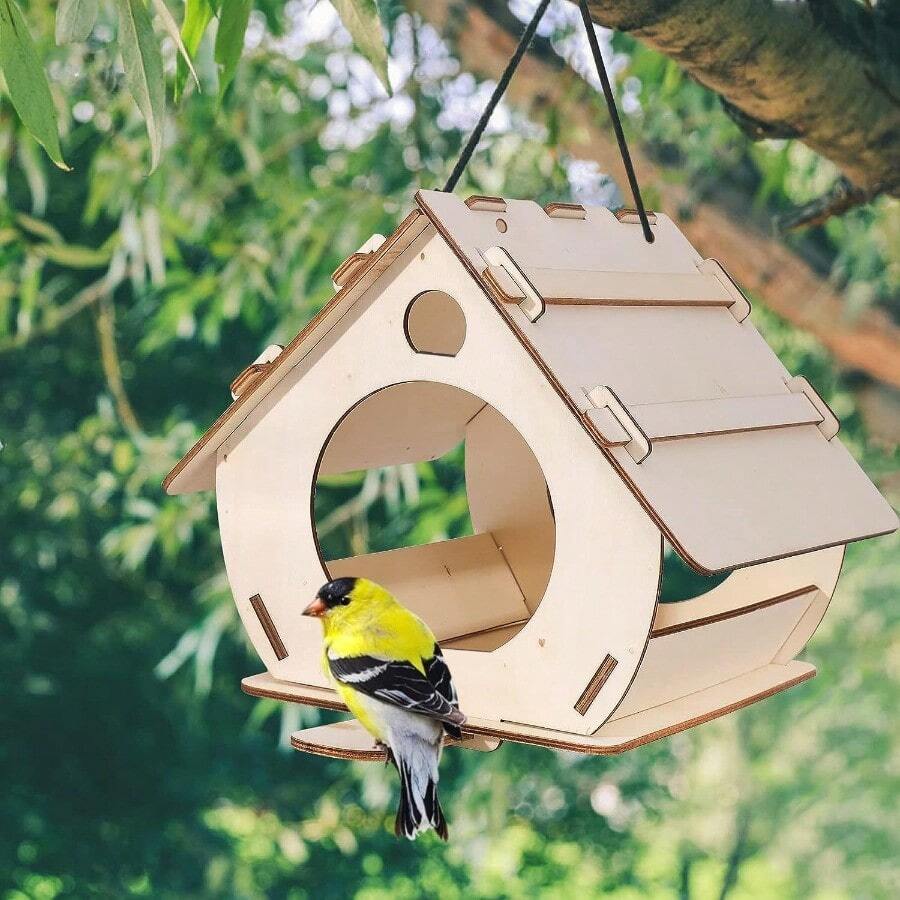 Hanging Wooden Bird Feeder, DIY Assembly Outdoor Garden Decoration ...