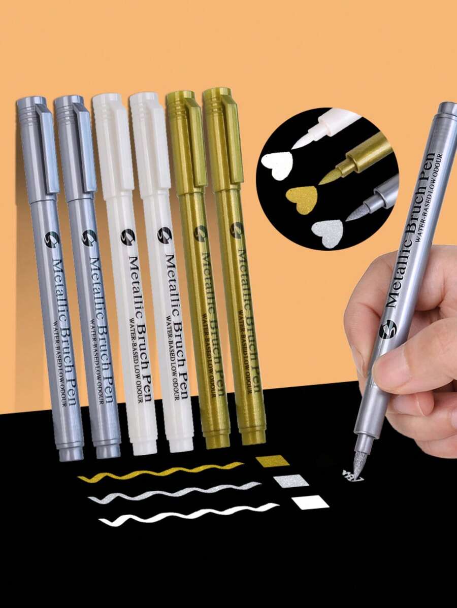6pcs High Gloss Metal Pen Gold/Silver/White Marker Pen Waterproof High ...