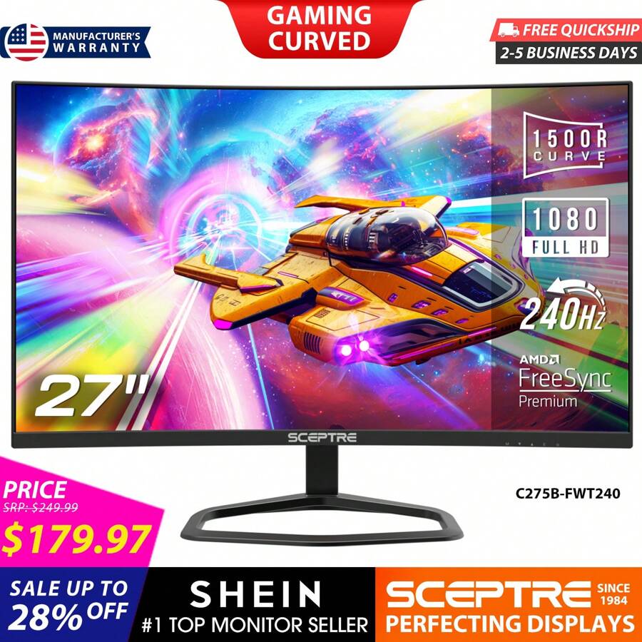 SCEPTRE 27" Curved Gaming Monitor 1500R 1920x1080 240Hz DisplayPort ...