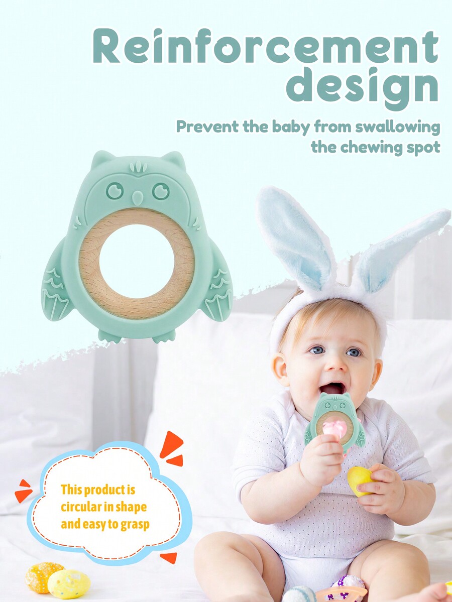 1pc Baby Silicone Teether Cartoon Owl Shape Wooden Ring Teething Toys ...