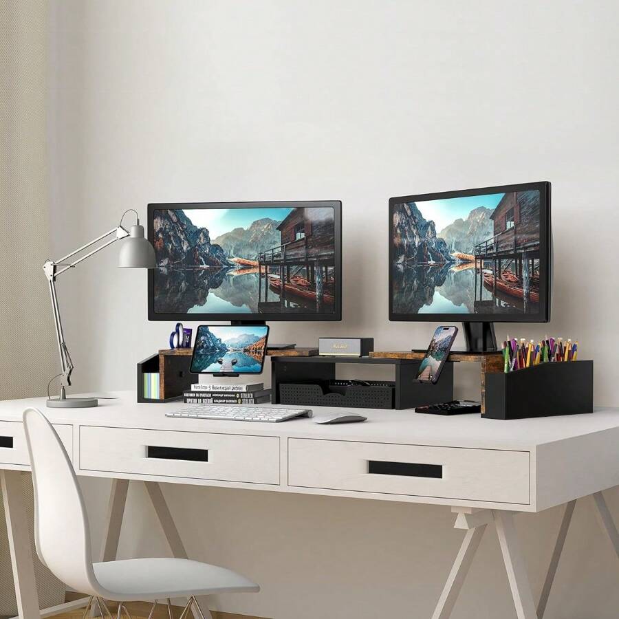 Dual Monitor Stand Riser With Two Drawers, Desk Dual Monitor Stand ...