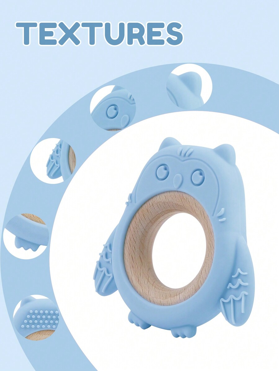1pc Baby Silicone Teether Cartoon Owl Shape Wooden Ring Teething Toys ...