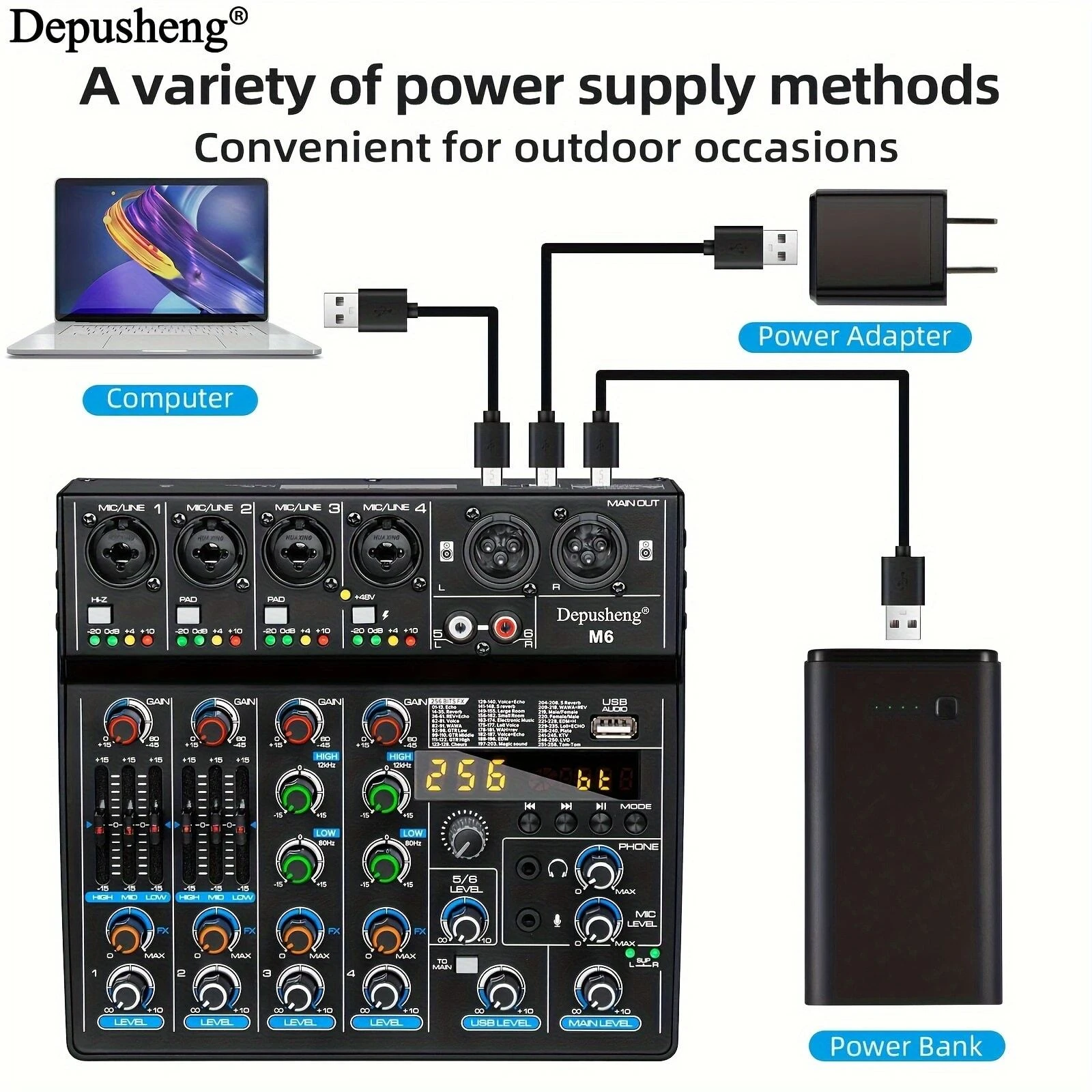 Depusheng Portable Mixing Console Audio Mixer 6 Channel USB DJ Sound ...