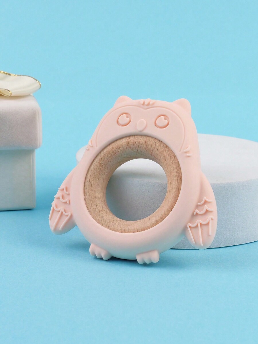 1pc Baby Silicone Teether Cartoon Owl Shape Wooden Ring Teething Toys ...