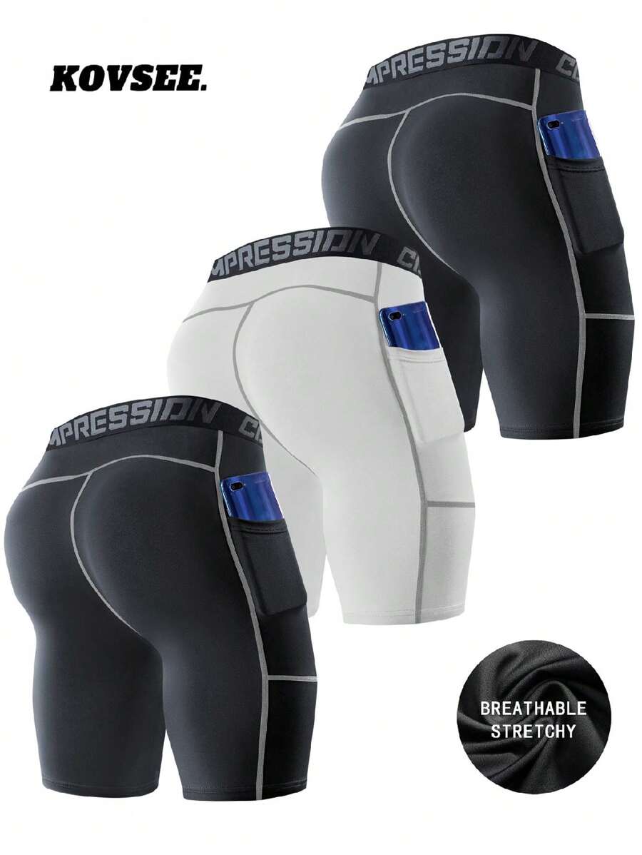KOVSEE 3pcs/Set Compression Workout Shorts With Pockets, Breathable ...