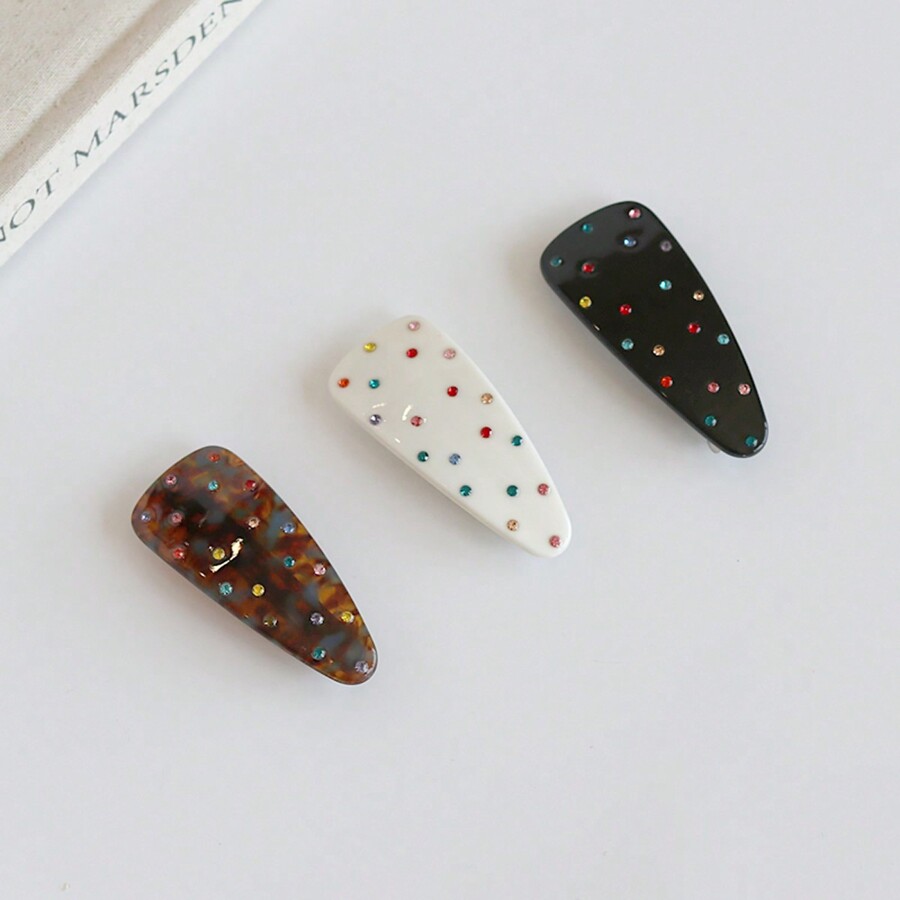 3pcs Teardrop Shaped Side Hair Snap Clips With Colorful Rhinestones ...