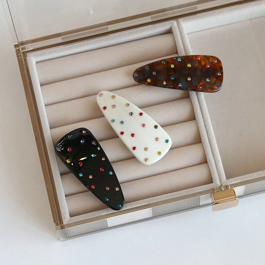 3pcs Teardrop Shaped Side Hair Snap Clips With Colorful Rhinestones ...