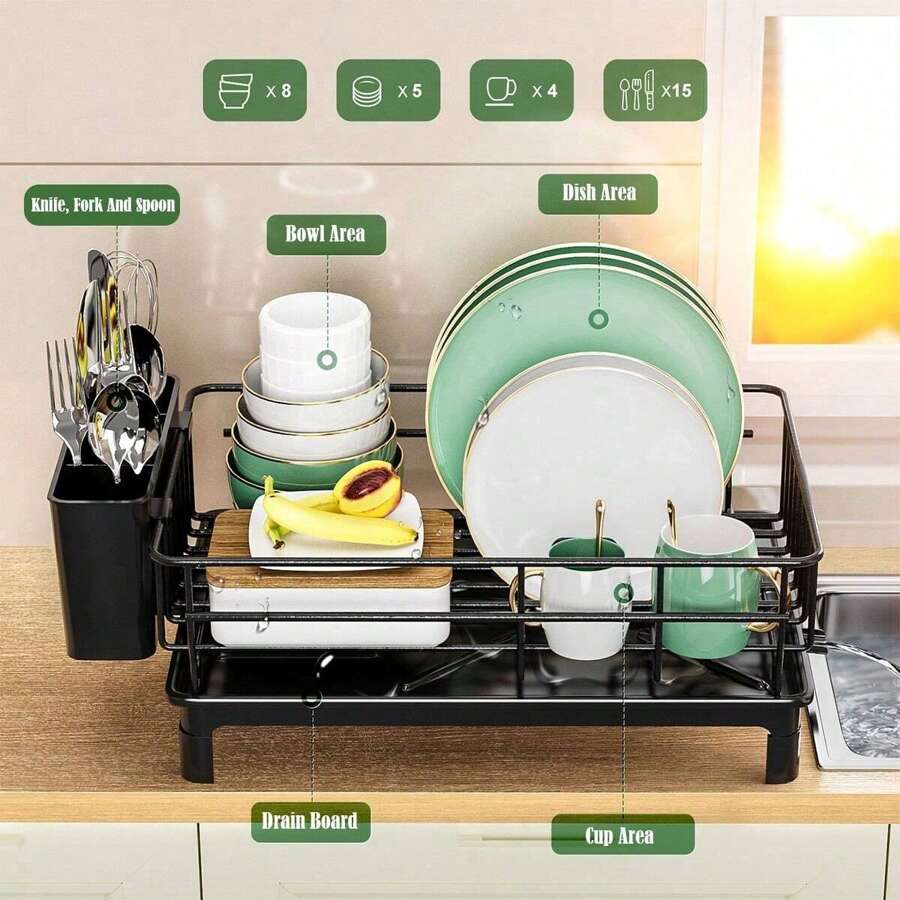 1pc Dish Drying Rack With Utensil Holder And Drainboard , Space Saving ...