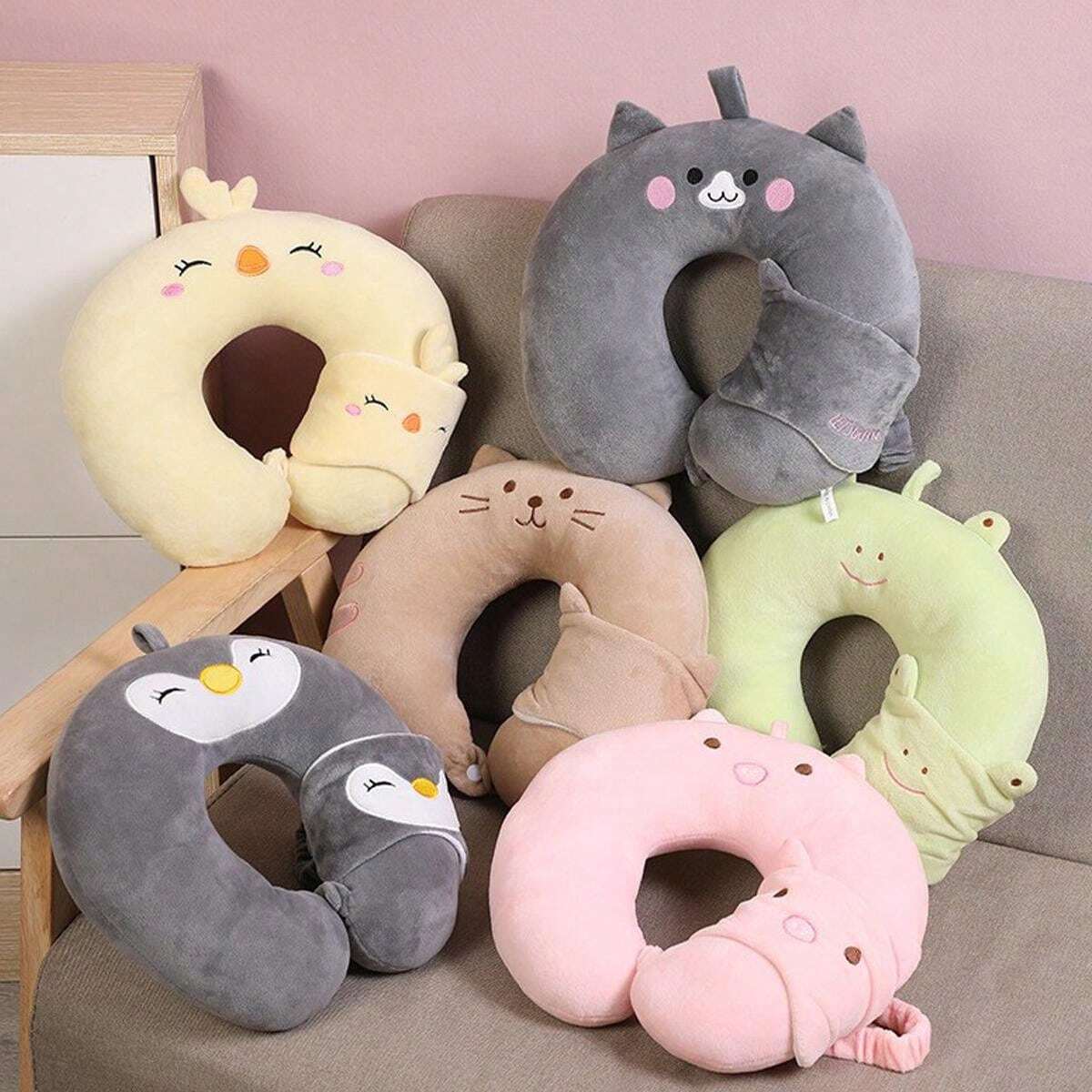 Creative U-Shaped Travel Neck Pillow, Cartoon Pillow Set With Eye Mask ...
