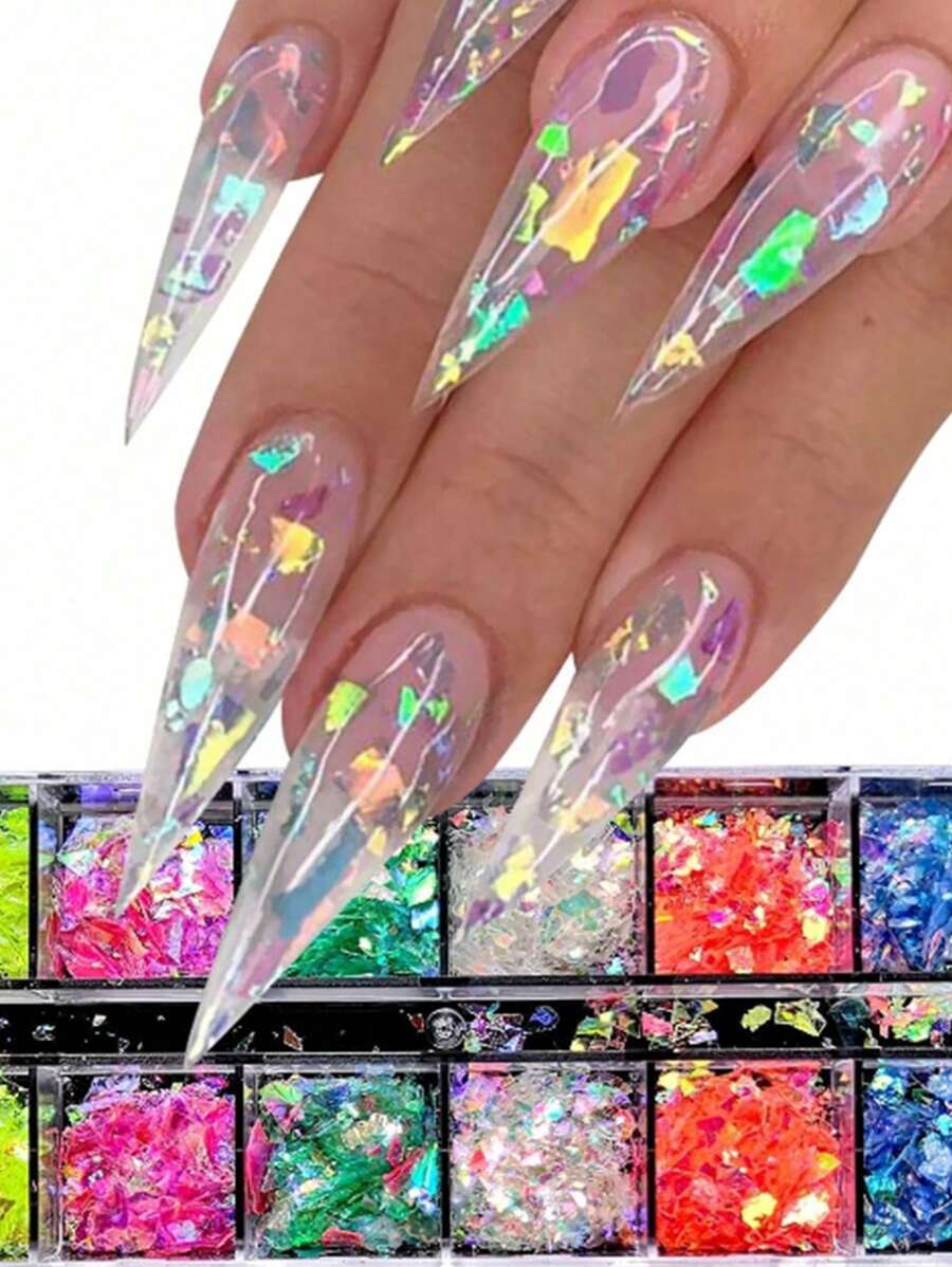 1 Box Multicolored Nail Sequins Nails Decoration Mermaid Thin Nail Art ...