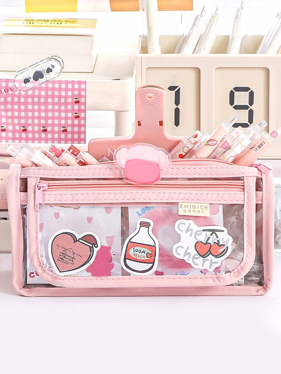 1pc Solid Color Triangle Transparent Clamshell Pencil Case, Office And ...