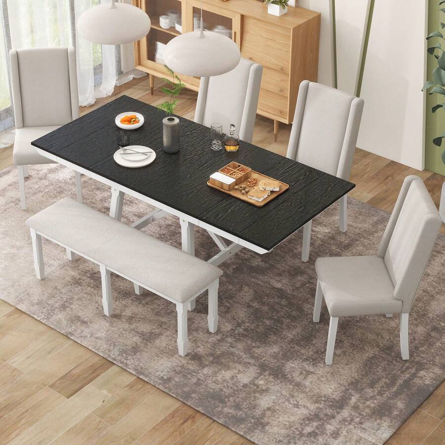 Nestfair 6-Piece Classic Extendable Dining Table Set With 4 Upholstered Chairs And 1 Bench ...