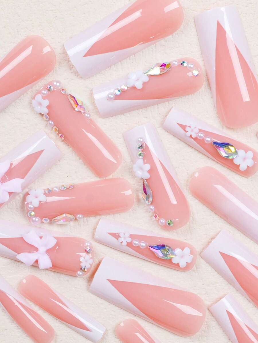 24PCS Long Coffin Nail False Nail White French 3D White Bow Three ...