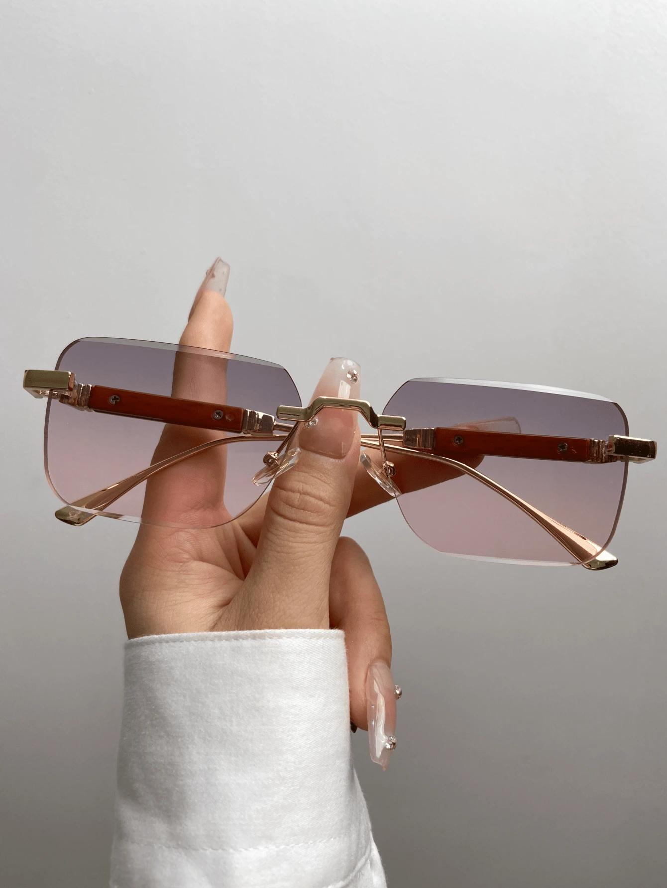 New Arrival Vintage Rimless Sunglasses With Cut Edges Unisex Wood Grain ...