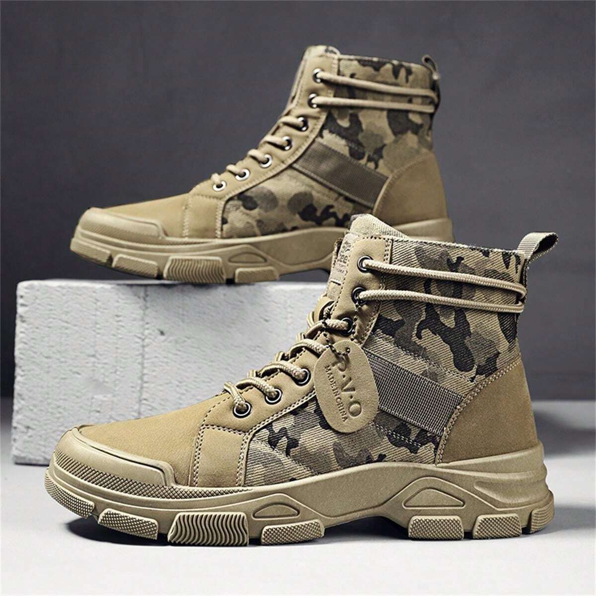 Camouflage Canvas High-Top Boots For Men, Autumn Winter Cargo Oxhide ...