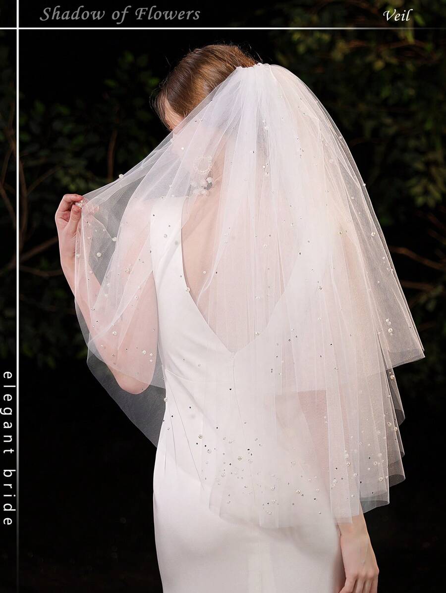 White Elegant Bridal Veil Adorned With Faux Pearls, Suitable For Waist ...
