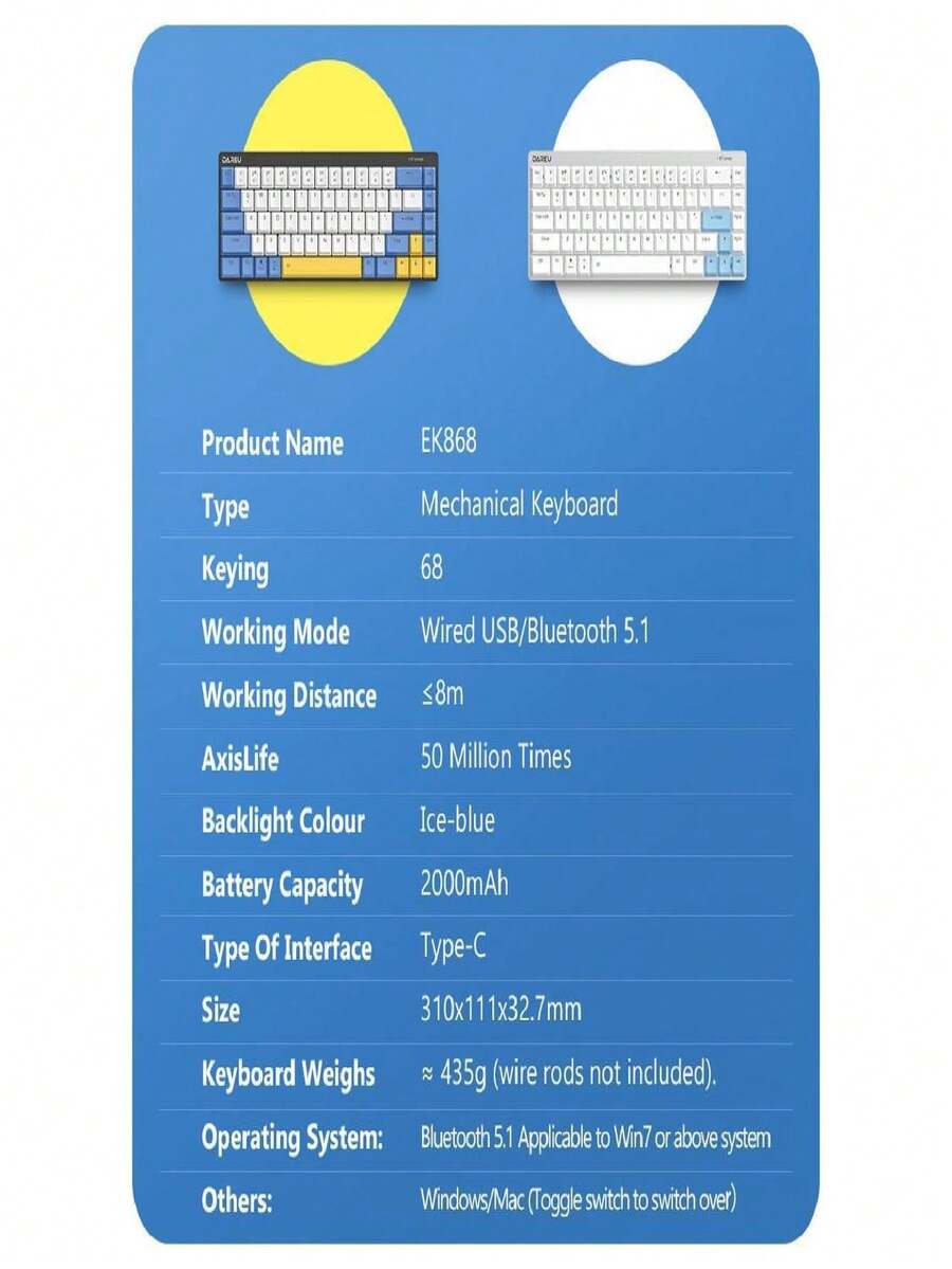 Dareu EK868 Low Profile Switch Mechanical Wireless Keyboard Bluetooth 5 ...