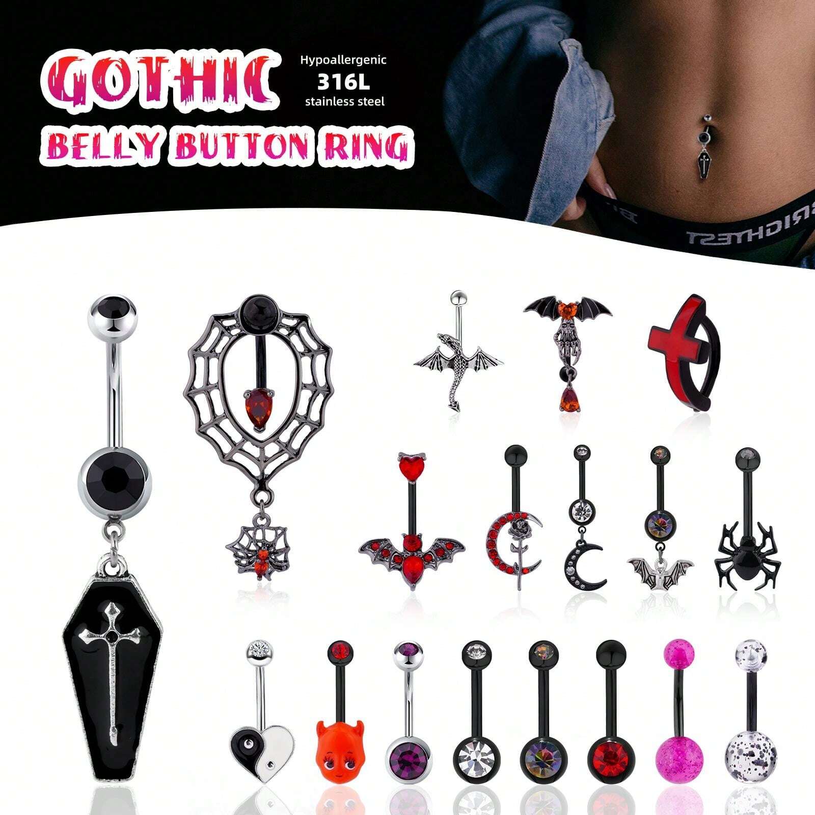 1pc Punk Gothic Cross Bat Dinosaur Skull Belly Rings Rose Belly Button Rings Clear CZ 14G 316L ...