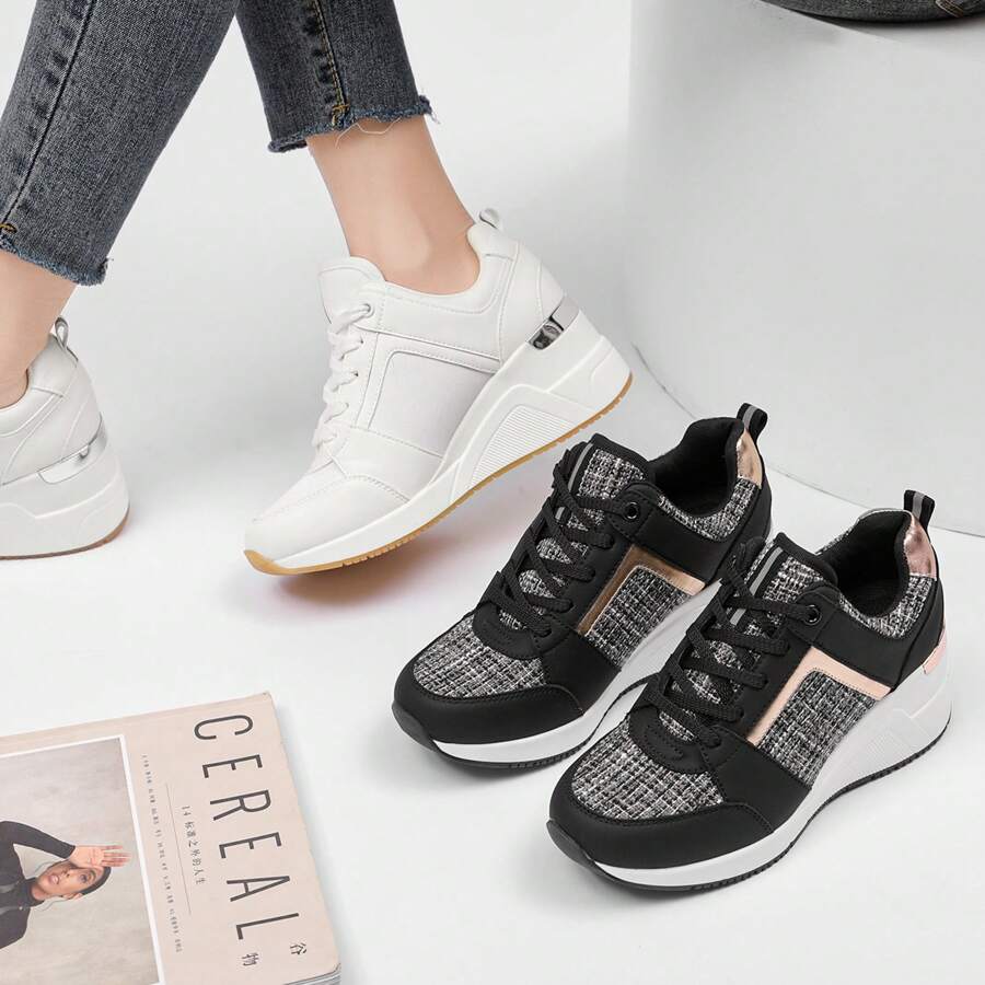 High Heeled Wedge Trainers For Women - Ladies Breathable Trainers Lace ...