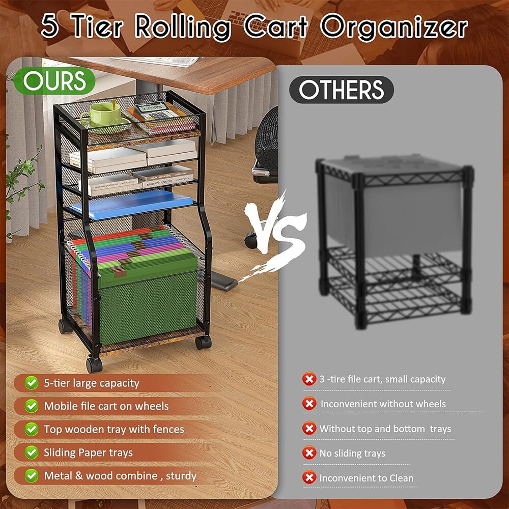 5-Tier Rolling File Cart With Hanging File Folders, Mobile Desk File ...