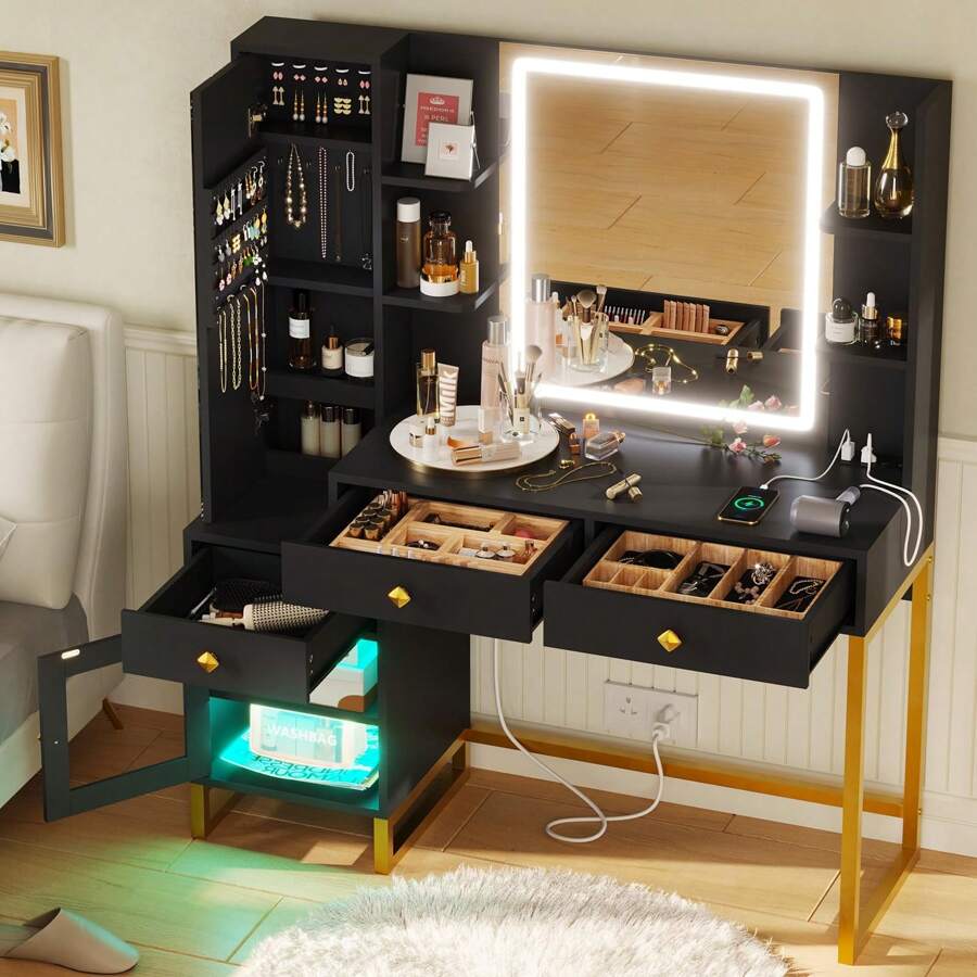 Makeup Vanity Desk With Full-Length Mirror And Lighted Mirror, Large ...