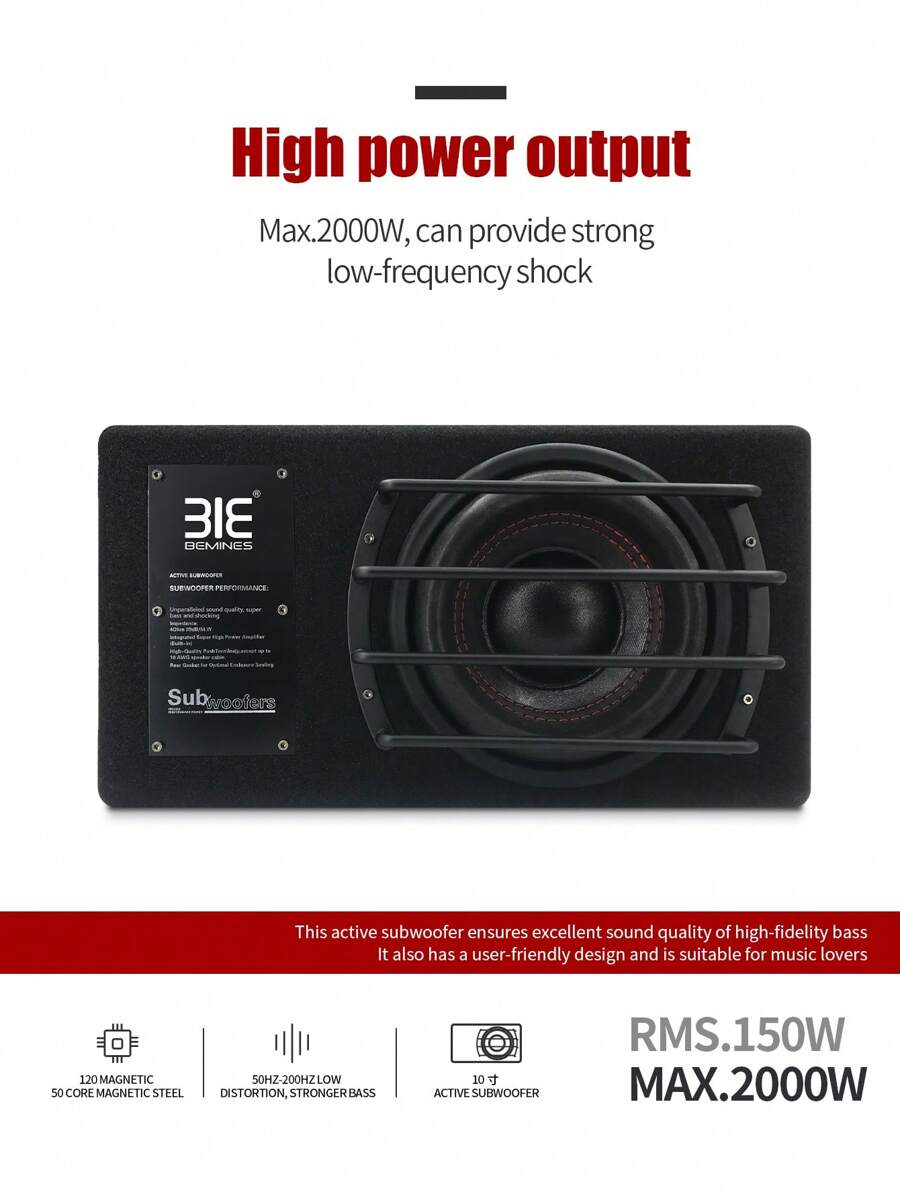 1pc BEMINES YL-1001 Black Active Stereo Subwoofer Car Speaker 10-Inch 2000W High-Power Hi-Fi Car ...