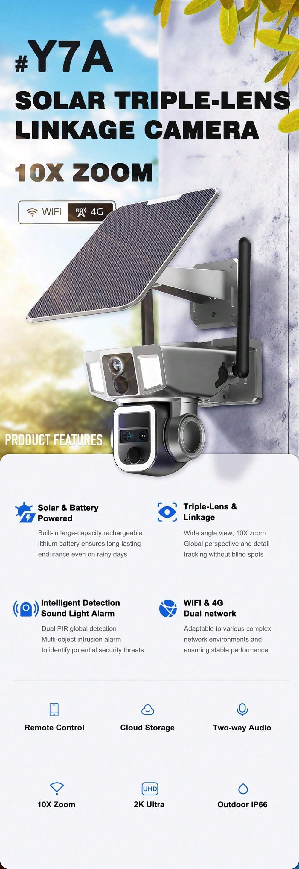 Câmera Solar Sem fio 4G com Zoom de 10X e 12MP, painel solar de três ...